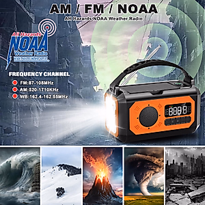 TURJGKSG 12000mAh Emergency Weather Radio, Hand Crank Radio, Portable AM/FM/NOAA Radio with 2 Solar Panels, Multi-Function Solar Radio with Flashlight Reading Lamp SOS, Compass, Power Bank(Orange)
