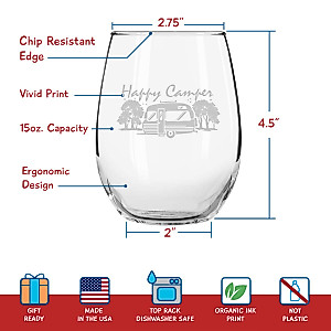 DU VINO Set of 4 Happy Camper Wine Glasses (15 oz) | Travel | Funny & Humorous RV Camp Gifts for Women | Glamping Accessories | Stemless Wine Glasses Made in USA