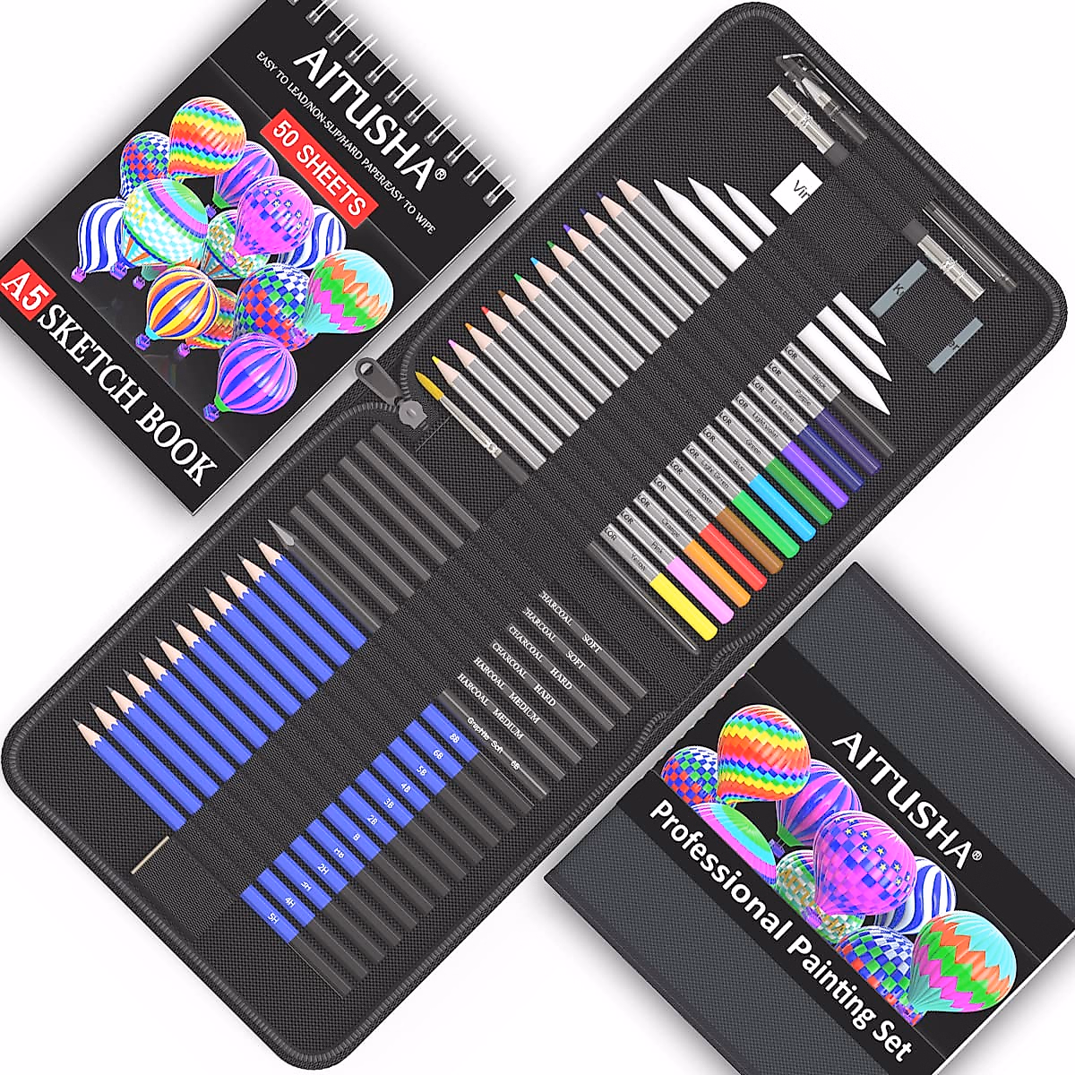 AITUSHA 42-Piece Drawing and Sketching Kit: Comprehensive Art Set for Artists, Watercolor Pencils, Sketch Kit, 50-Page Sketchbook, Black Zipper Case