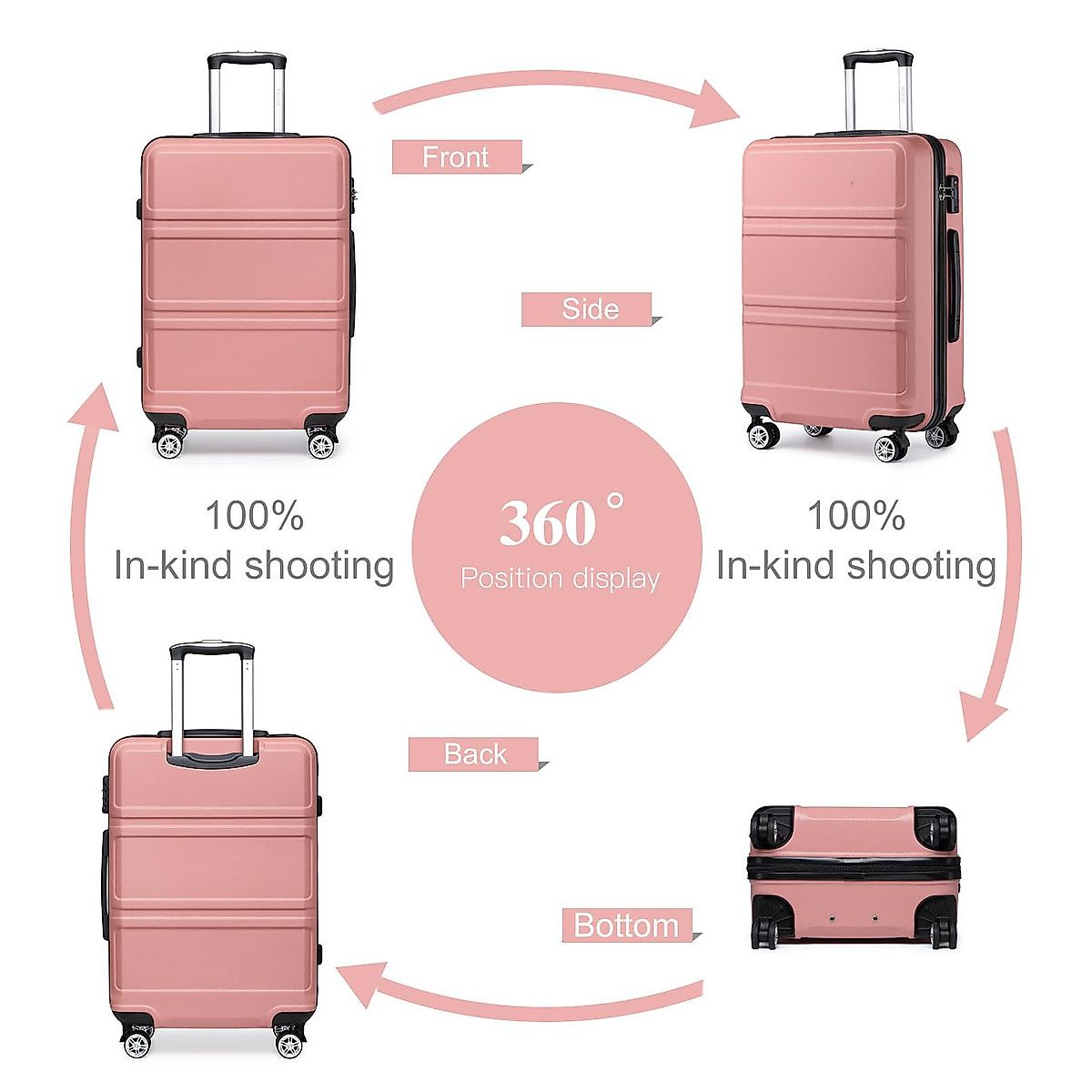 Kono 24 Inch Luggage Suitcase Lightweight with Spinner Wheels TSA Lock Hardside Medium Checked Luggage Durable Rolling Suitcase Nude/Rose Gold