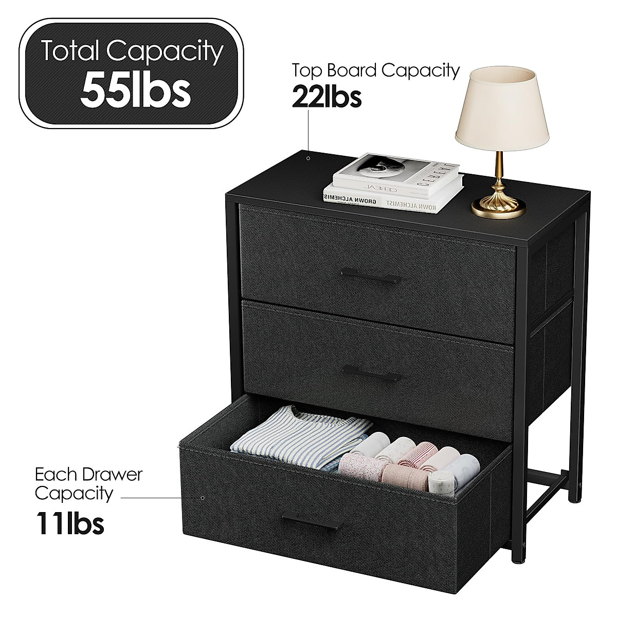 Memobarco Nightstand with 3 Drawers for Bedroom, Storage Dresser with Fabric Drawers and Metal Frame for Closet, Living Room, Bedside Table with Wood Top, Easy Pull Handle, Black