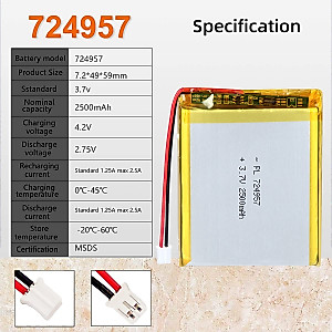 YDL 3.7V 2500mAh 724957 Lipo battery Rechargeable Lithium Polymer ion Battery Pack with PH2.0mm JST Connector