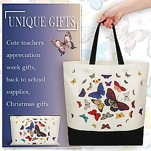 Butterfly Cute Canvas Tote Bag for Women Funny Aesthetic Tote Bag Canvas Makeup Bags with Zipper Butterfly Beach Tote Bag Reusable Cosmetic Grocery Bags for Girls Teacher Bride Shopping