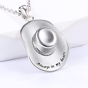 Cowboy Hat Urn Necklaces for Ashes,925 Sterling Silver Cowboy Hat Memorial Cremation Pendant Urn Necklace for Women, Sterling Silver, No Gemstone