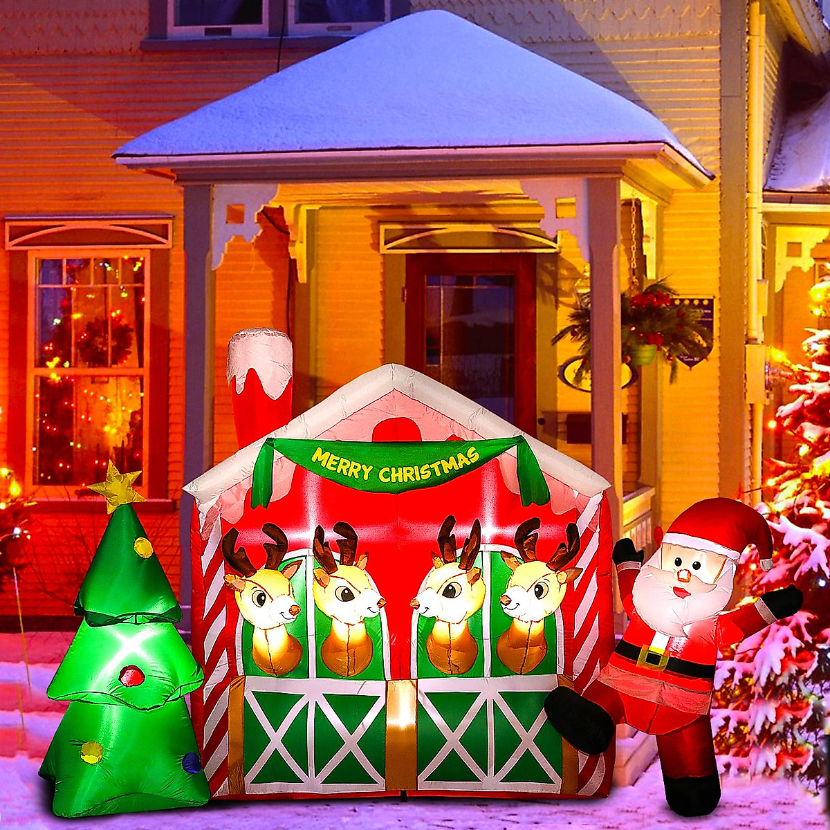 9 Ft Long Large Christmas Inflatable Santa Claus in Reindeer Stable with Christmas Tree, Blow Up Yard Decorations with LED Lights for Indoor Outdoor, Home, Xmas Party, Lawn, New Year