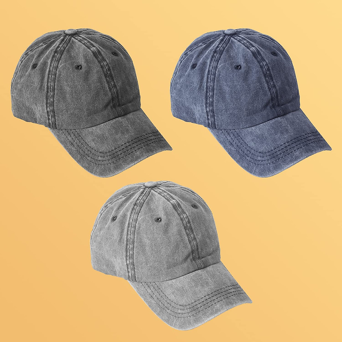 MEINICY 3 Pack Washed Plain Baseball Cap, Retro Adjustable Dad Hats Gift for Men/Women,Unstructured/Cotton (Black+Gray+Navy)