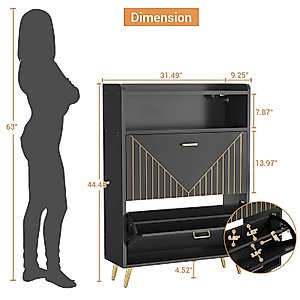 Aheaplus Shoe Cabinet with Flip Doors, Shoes Storage Organizer with Motion Sensor Led Light, Entryway Wood Freestanding Tipping Bucket Shoe Rack with Open Shelves for Closet, Living Room, Black