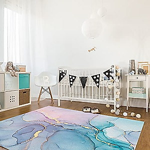 Abstract Marble Modern Pink Blue and Golden Marble Art Textured Rectangular Area Rug Non-Slip Stain-Proof Household Sofa Floor Mat Bedroom Bedside Carpet for Living Dining Room,2x3 Feet