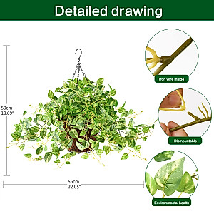 ZFProcess Artificial Flowers Hanging Basket with Artificial Ivy Vine for Outdoor/Indoor,Fake Ivy Vine Flowers in Coconut Lining Hanging Basket,4 Branches Ivy Vine Flowers in 12'' Basket(Green)