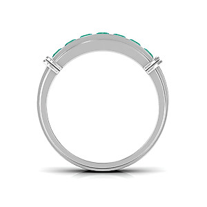 Rosec Jewels Natural Emerald 7 Stone Wedding Band, AAA Quality, Certified Emerald Anniversary Ring - Ready to Gift, 14K White Gold, Size:US 10.00