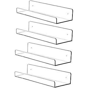 Cq acrylic 15" Invisible Acrylic Floating Wall Ledge Shelf, Wall Mounted Nursery Kids Bookshelf, Invisible Spice Rack, Clear 5MM Thick Bathroom Storage Shelves Display Organizer, 15" L,Set of 4