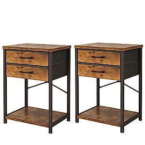 TigerDad Tall Nightstand with 2 Fabric Drawers, End Table with Storage Shelves, Bedside Table for Bedroom, Living Room, Small Space, Set of 2, Rustic Brown