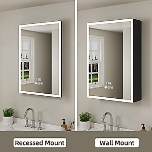 Buruis Medicine Cabinet with LED Lights and Mirror, 16 x 24 Inch Surface or Recessed Mounted Bathroom Cabinet, 3-Color Light, Clock&Temp, Defogger, Memory Function, Outlet & USB, Dimmer, Black