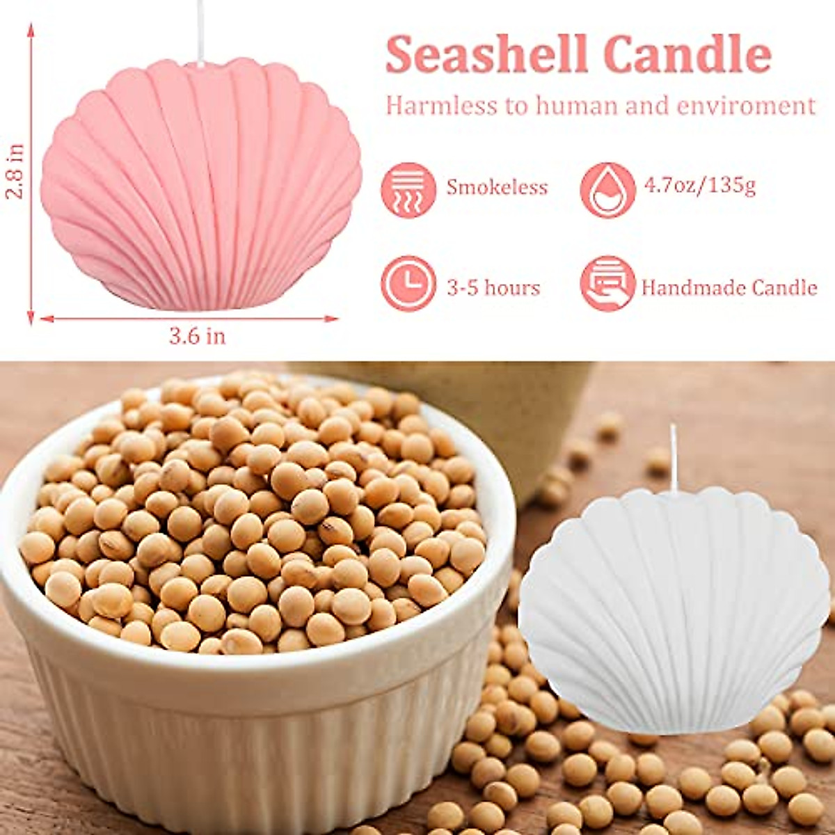 2 Pieces Seashell Scented Candles Aesthetic Trendy Candles Hand Poured Soy Wax Candle Handmade Shell Shape Candle Freesia Seashell Candle for Danish Pastel Room Decor, White, Pink (Cute Style)