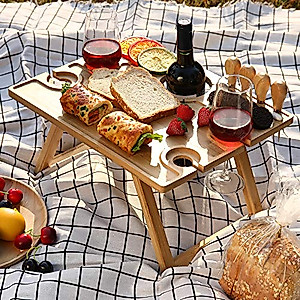 Ollieroo Portable Picnic Table for Wine and Glass, Outdoor Wooden Foldable Champagne Picnic Table, Bamboo Snack & Cheese Tray for Indoor/Outdoor