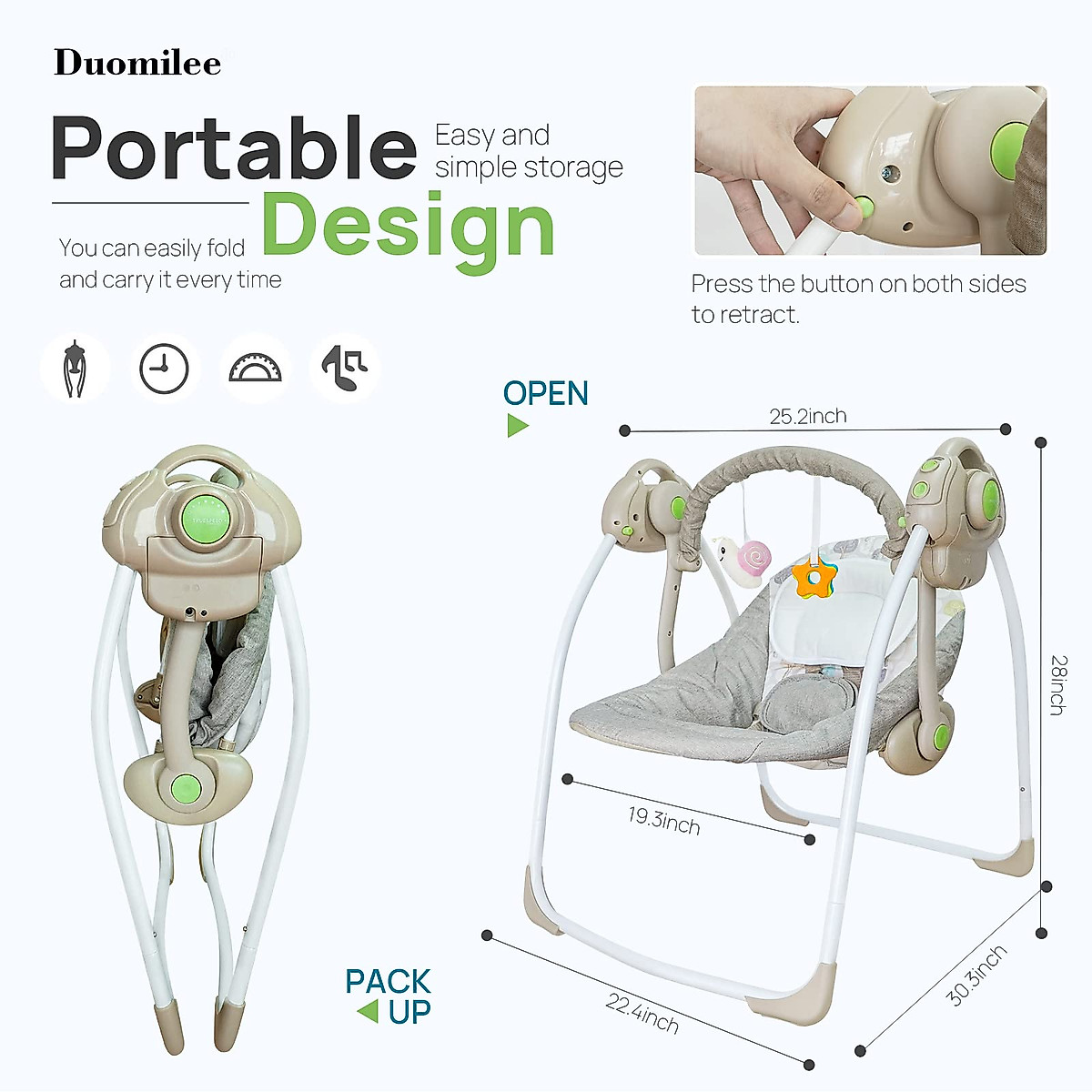 Baby Swing for Infants to Toddler, Portable Automatic Swing with Music, Adaptable Speed - 6-25 lbs, 0-9 Months