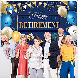 Blulu Happy Retirement Party Decorations, Extra Large Fabric Happy Retirement Sign Banner Photo Booth Backdrop Background with Rope for Retirement Party Favor (Blue and Gold,72.8 x 43.3 inches)