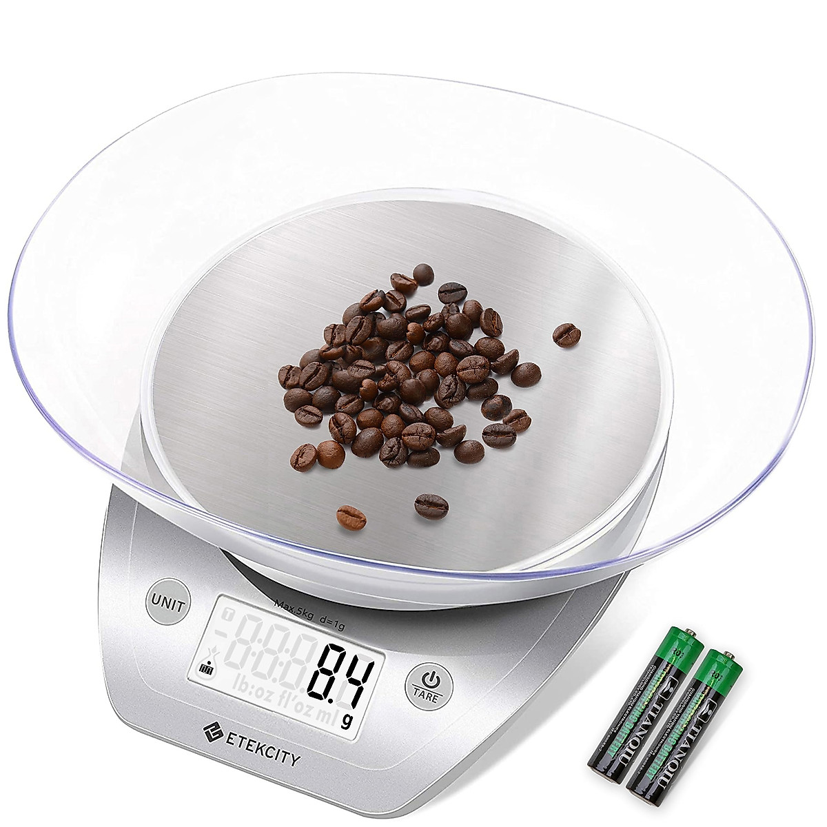 Etekcity 0.1g Food Kitchen Scale, Bowl, Digital Grams and Ounces for Weight Loss, Dieting, Baking, Cooking, and Meal Prep, 11lb/5kg, Stainless Steel Silver