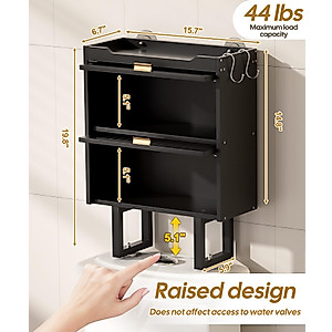 Cozivolife Over The Toilet Storage Cabinet,Bamboo Bathroom Organizer Rack with Lid and 2 Hooks,Space Saver Shelf for Bathroom,No Drilling Design Wall Mounted (Black, L)