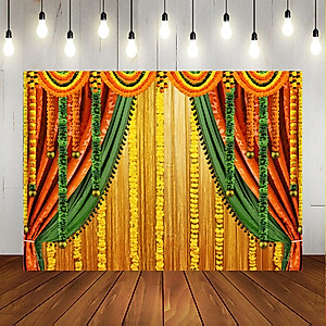 Lofaris India Pooja Backdrop Puja Ganpati Photography Traditional Banana Leaf Green Chatiya Ganesh Mehndi Festival Background Decorations Wedding Party Marigold Garlands Photo Props 7x5ft
