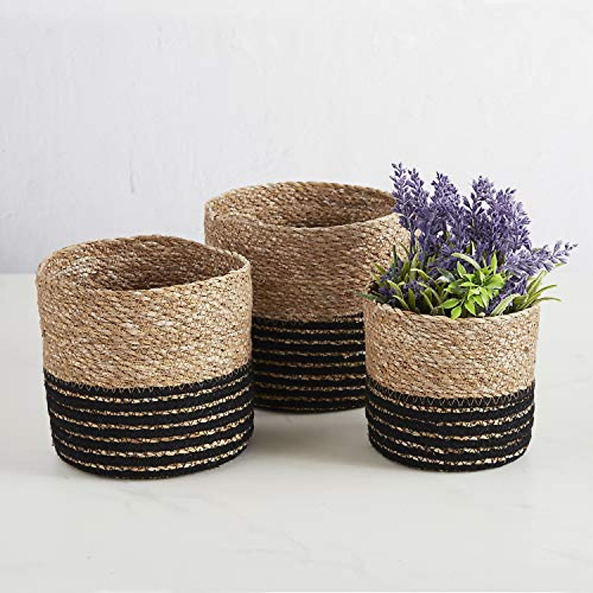 47th & Main Cylinder Basket Set, Small, Seagrass-Black Stripe