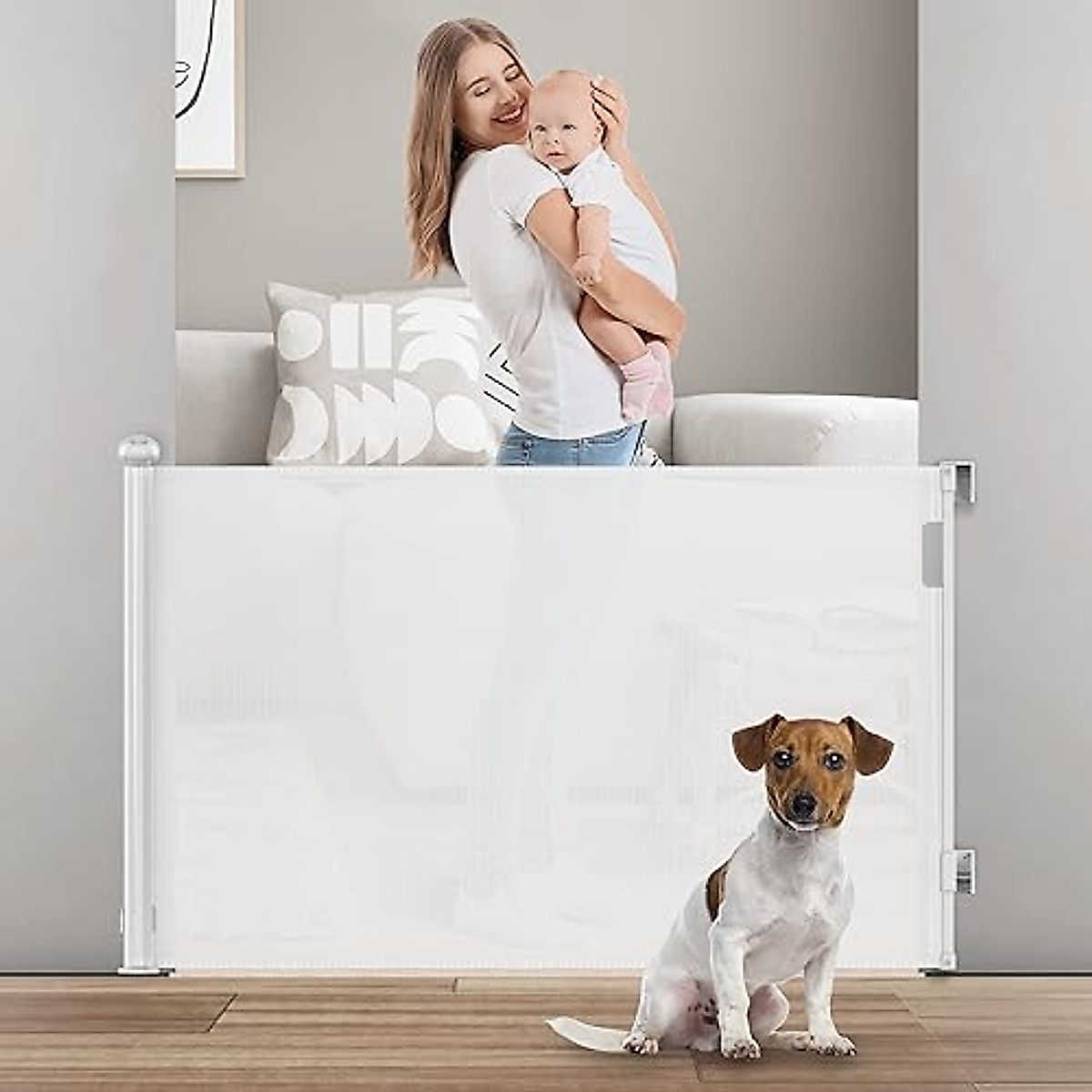 HAOBEIBEI Retractable Baby Gates, Mesh Baby Gate or Dog Gate Extends to 55" Wide 33" Tall, Mesh Child Safety Baby Gates, Dog Pet Retractable Gates for Stairs, Doorways, Hallways, Indoor, Outdoor