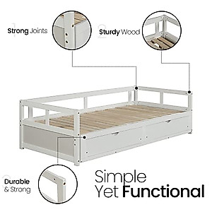 Hanway Twin Daybed with Two Drawers - White Solid Pine Wood Material - Extendable to King Size Bed Frame with Extra Storage Drawers – Elegant Furniture for Compact Rooms