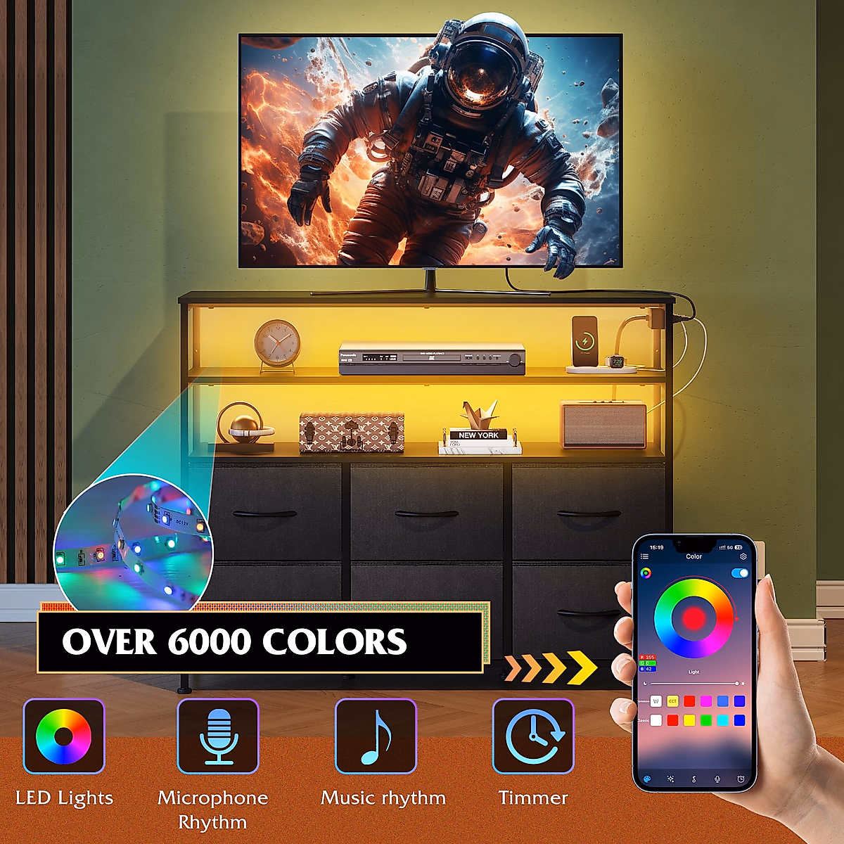 WLIVE Led Dresser for Bedroom, Black Dresser TV Stand for Bedroom with LED Lights and Power Outlet, Wide Chest of Drawers with Open Shelves for Entryway, 6 Fabric Drawers and Wood Top for Living Room