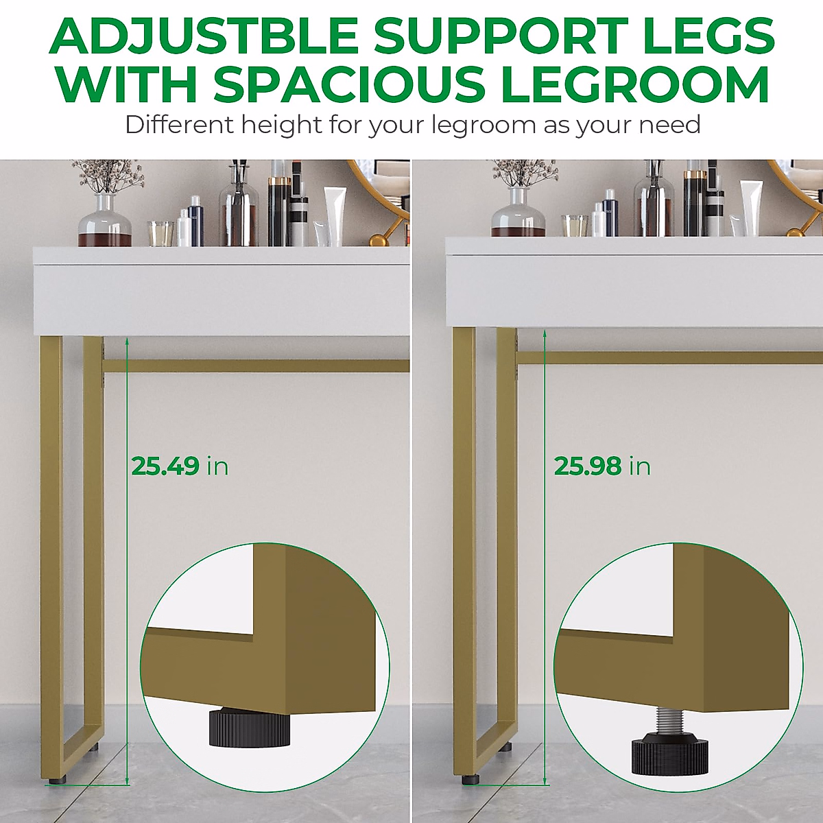 GreenForest Vanity Desk with 2 Drawers,39 inch White Desk with Glossy Desktop Easy Clean,Makeup Dressing Table with Metal Gold Legs for Home Office Small Spaces,Bedroom