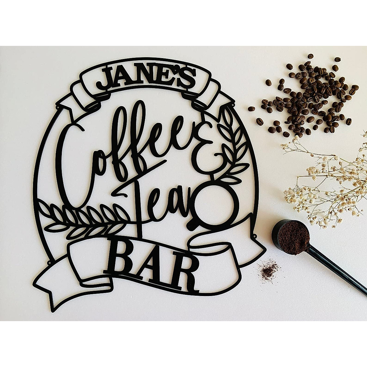 Personalized Coffee and Tea Bar Metal Name Sign Custom Laser Cut Cup Coffee Housewarming Gift for Mom, Grandma, Coffee Lover Metal Wall Art Home Decor Kitchen Sign Hanging Decorations Coffee Station