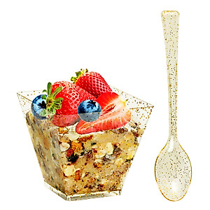 Tongcloud 25 Set Mini Plastic Dessert Cups with Spoons Gold Glitter Square Small Dessert Cups Disposable Gold Glitter Plastic Bowls with Mini Spoons Great for Party Desserts Appetizers