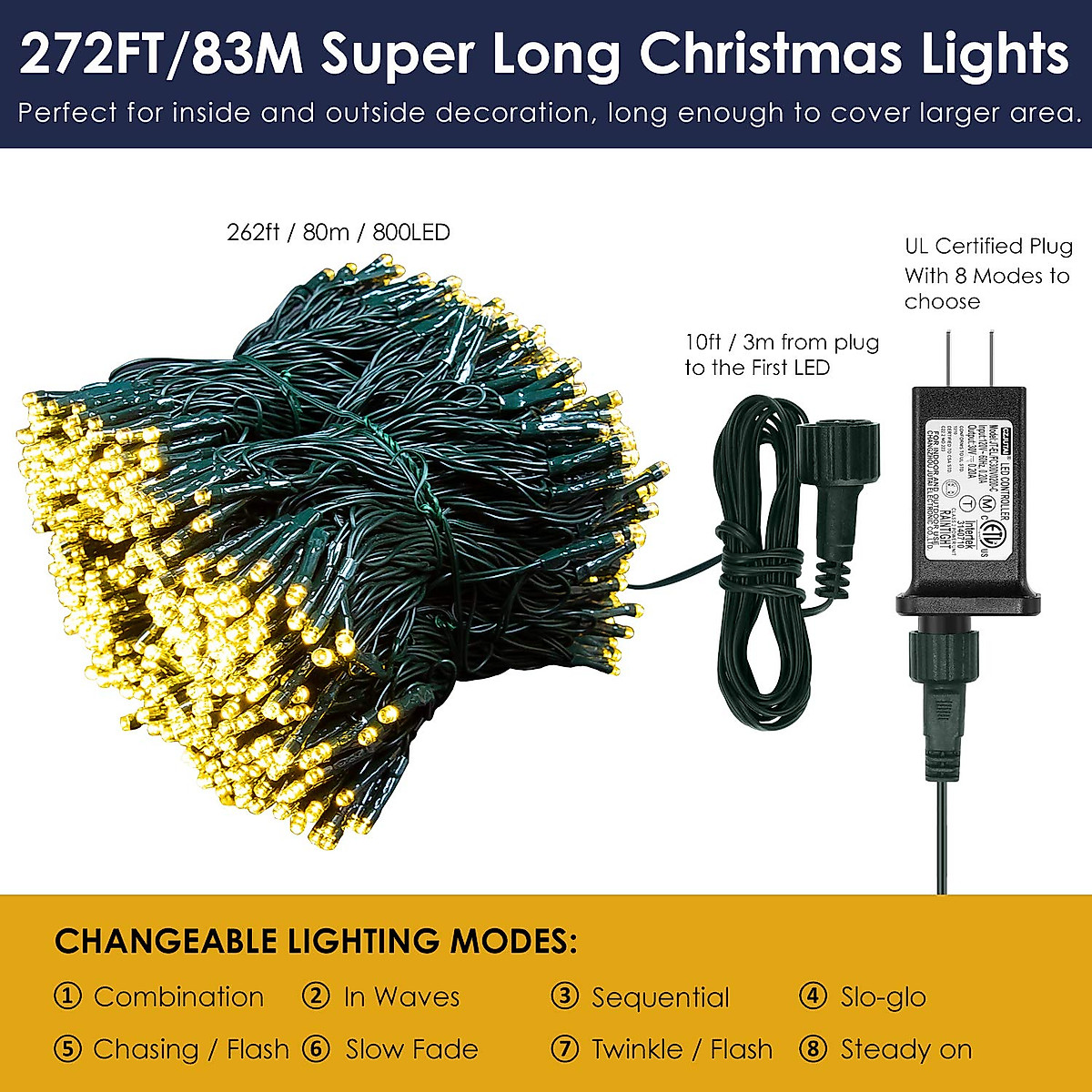 XUNXMAS Bright Christmas Lights Outdoor 800 LED Christmas String Lights, 327ft 8 Modes Timer Fairy Twinkle Tree Lights for Home, Party, Holiday, Indoor Xmas Decorations Warm White