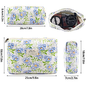 Quilted Cotton Cosmetic Bag 2Pcs Coquette Makeup Bag Travel Makeup Bag for Women Large Makeup Pouch Aesthetic Floral Cosmetic Pouch Toiletry Bag for Women Gift for Lover Daughter Sister Mom