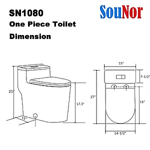 SouNor Matte Black One Piece Toilet Dual Flush 1/1.5 GPF Elongated U Shaped 17.3" Tall Bowl Comfortable For Seniors Elderly Modern 12" rough-in (SN1080B)
