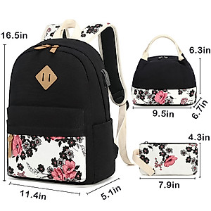 Natayoo Floral School Backpacks for Teen Girls Women with Lunch Bag and Pencil Bag, College Bookbag Water Resistant Laptop Backpack with USB Charging Port