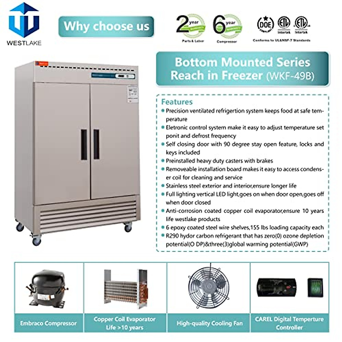 WESTLAKE Commercial Freezer 54"W 2 Door 2 Section Stainless Steel Reach-in Solid Door Upright Fan Cooling 49 Cu.ft Freezer for Restaurant, Bar, Shop, etc