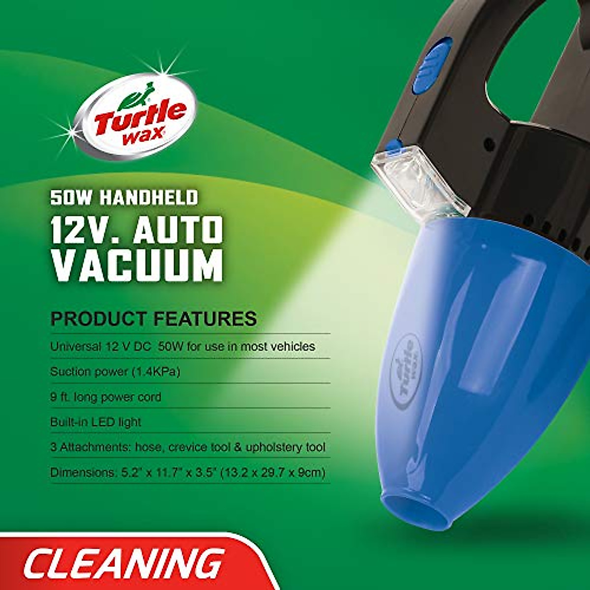 Turtle Wax Handheld Auto Vacuum Cleaner with LED Light, DC 12V (Vehicle Use Only), Blue/Black