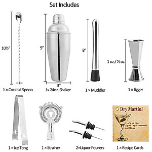 8 Piece Cocktail Shaker Set, Bartending Kit - 24 Ounce Cocktail Shaker, Spoon, Ice Tong, Muddler, Jigger, Strainer, Pourers