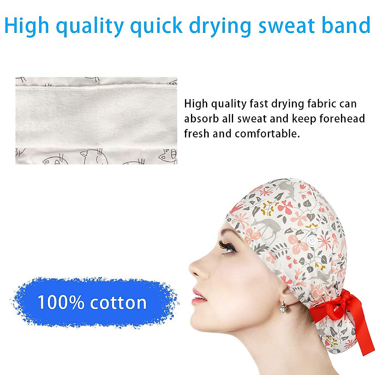 FADACHY Scrub Caps Women, Ponytail Holder Working Cap with Buttons Ribbon Tie Scrub Hats Nurse Cap, Long Hair