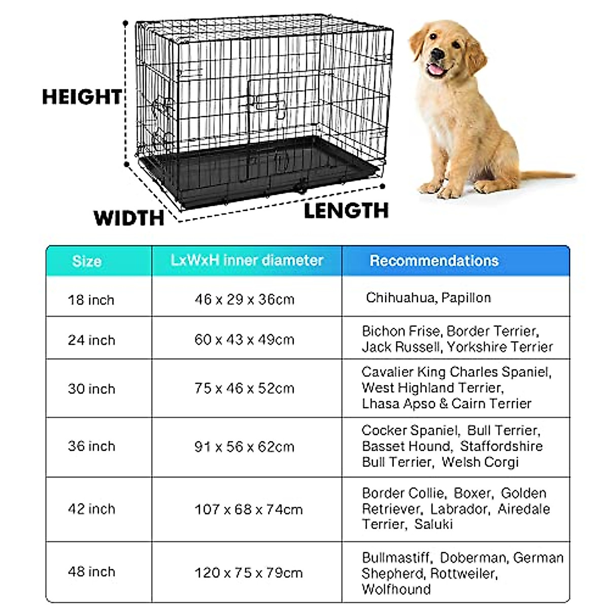 SIGNZWORLD Large Dog Crate, 42-Inch, Black, Foldable, Portable, Secure, Removable Tray, Handle, Suitable for Intermediate Dog Breeds