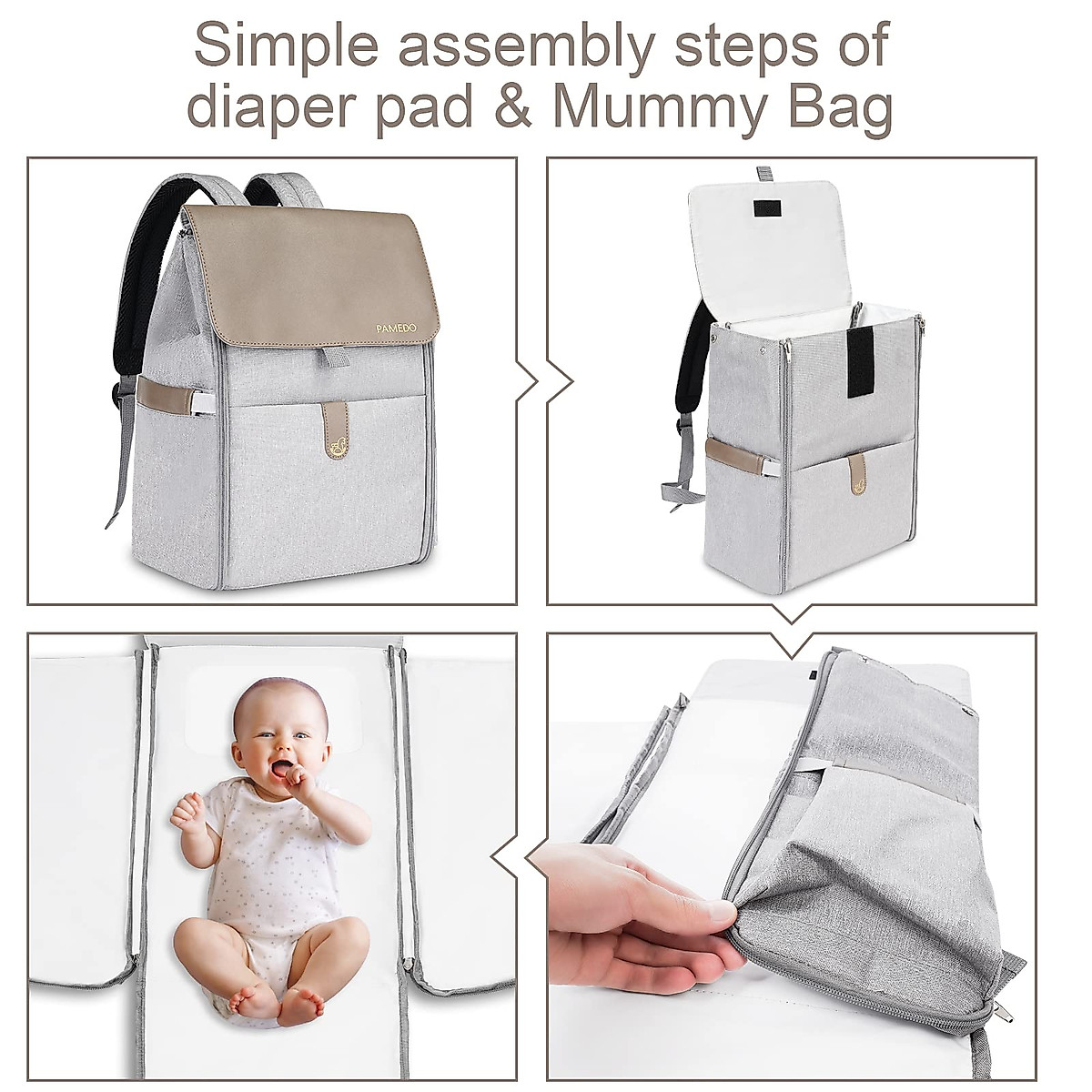 3 in 1 Diaper Bag with Changing Pad Station and Diaper Bag Tote – Pamedo Large Multifunction Travel Backpack- Waterproof Diaper Backpack- Unisex Newborn Gift Ideas Baby Bags, Grey, (PMD01)