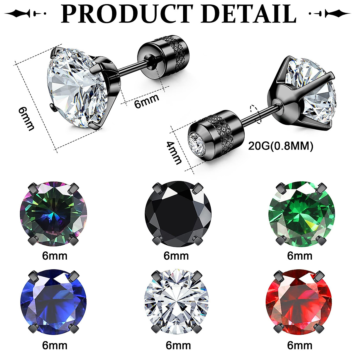 FIBO STEEL 6 Pairs Titanium Screw Back Earrings for Men Women Surgical Stainless Steel Stud Earrings Hypoallergenic Multicolor Double Side Earrings Piercing Sleeper Studs Jewelry 6mm Round CZ