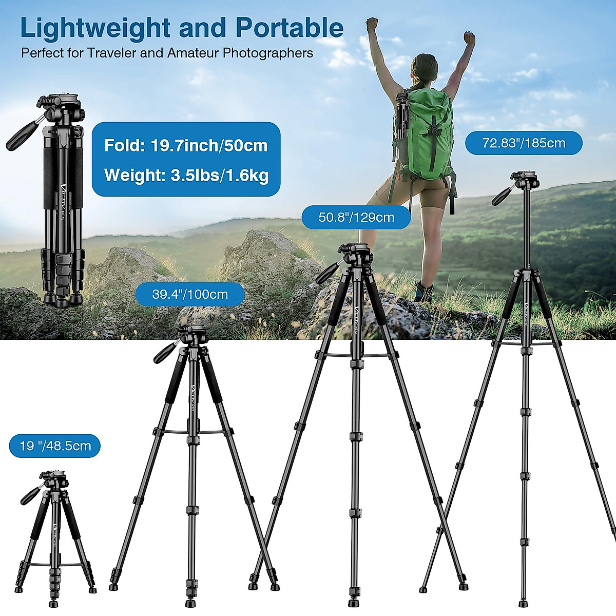 Tripod for Camera, 75 inch Tall Camera Tripod with Remote, Professional Heavy Duty Tripod for DSLR, Spotting Scopes, Binocular, Cell Phone, Compact Camera Stand Tripod, Compatible with Canon Nikon