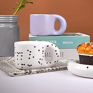 Koythin Ceramic Coffee Chubby Mug Saucer Set, Creative Cute Fat Handle Cup with Saucer for Office and Home, Dishwasher and Microwave Safe, 10 oz for Latte Tea Milk (Light Purple)