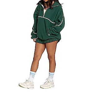 VNIRA Women’s Oversized Sweatshirt Fleece Crew Neck Long Sleeve Half Zip Casual Pullover Hoodie Tops Fall Y2K Clothes Deep Green