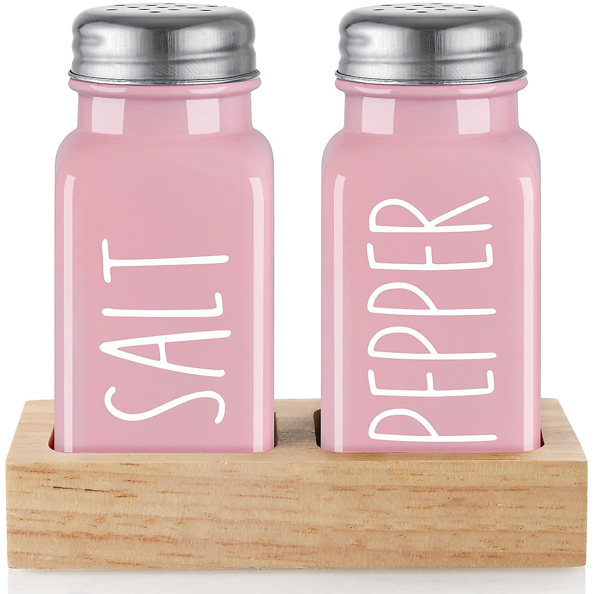Pink Salt and Pepper Shakers Set with Holder - Pink Kitchen Home Decor and Accessories - Dopeca Glass Salt Shaker with Wood Tray for Kitchen Counter or Table -2.7 oz