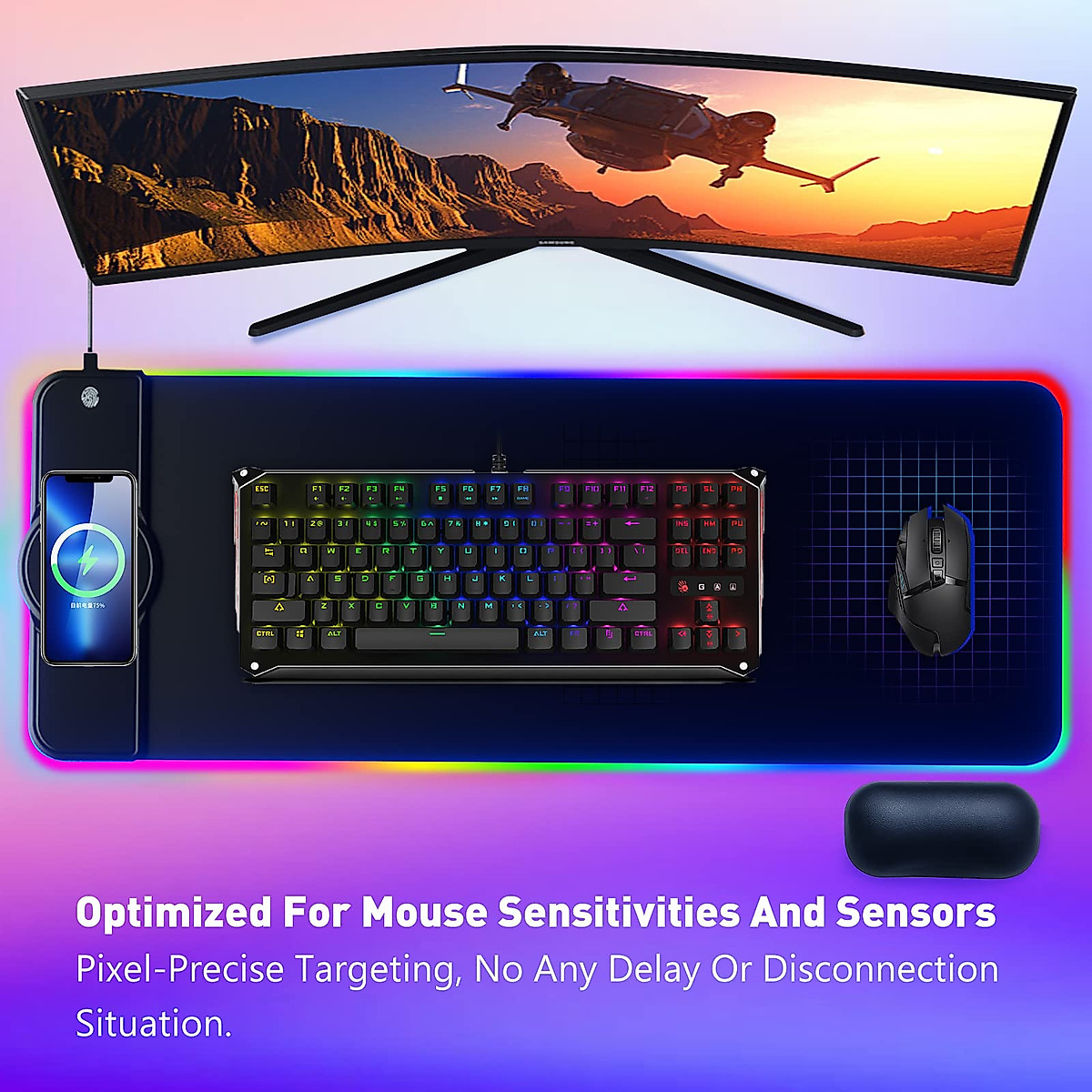 WQBZSYY Gaming Mouse Pad 15W Wireless Charging RGB,LED Large Ergonomic Mousepad Gaming with Wrist Support,31.88" 12.2" Desk mat/Keyboard pad (Colorful(18W Charger Included))