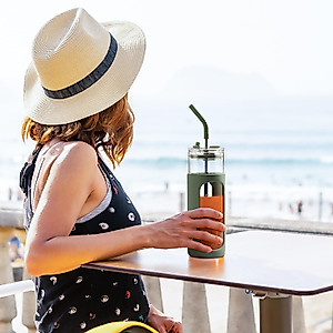 Kodrine 24oz glass tumbler with straw and lid,Iced coffee cup, Leak-proof Lid and Straw,Smoothie Cup With Bamboo Lid,Fit in Cup Holder, BPA Free, Dishwasher Safe (1, Olive)