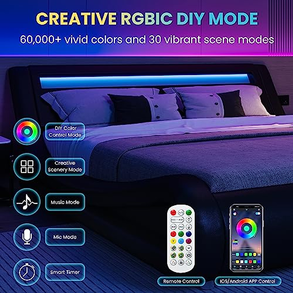 SHA CERLIN Wave-Like Curve Deluxe Upholstered Modern Bed Frame with LED Headboard/Mattress Foundation/No Box Spring Needed/Strong Wood Slats Support/Easy Assemble, Black, King