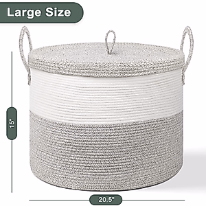 LOVSTORAGE 20.5"x 15" Large Rope Blanket Basket with Lid, Woven Storage Basket Baby Laundry Basket Hamper Decorative Nursery Toy Basket Bin with Handles for Living Room Bedroom-White&Brown, L